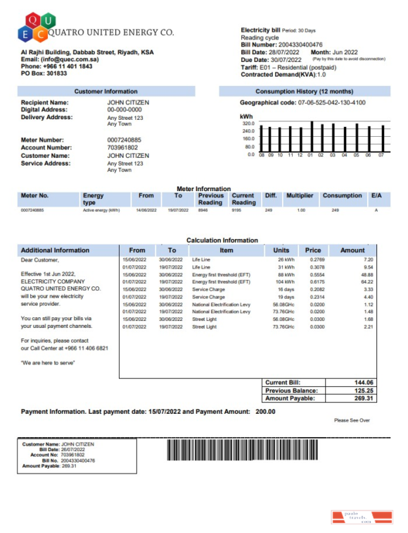 Saudi Quatro United Energy Co. utility bill, Word and PDF template ...