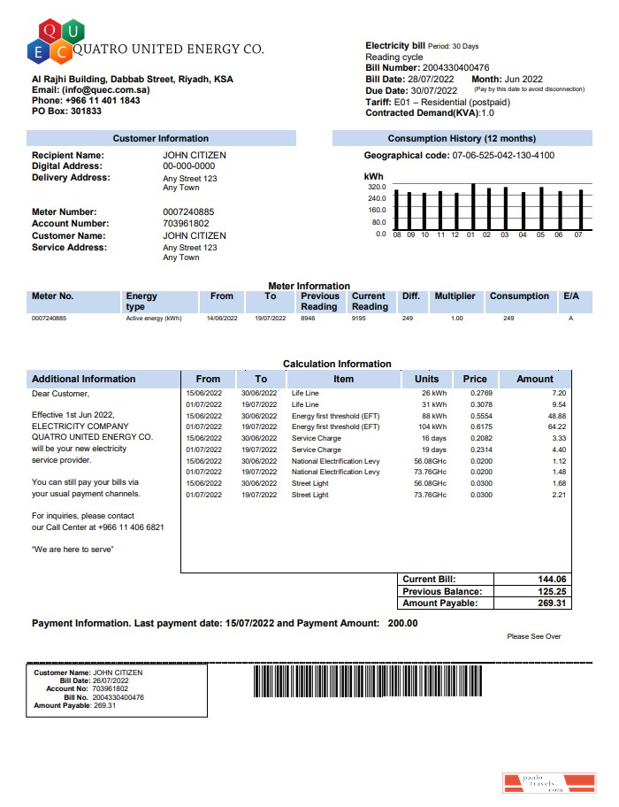 Saudi Quatro United Energy Co. utility bill, Word and PDF template ...